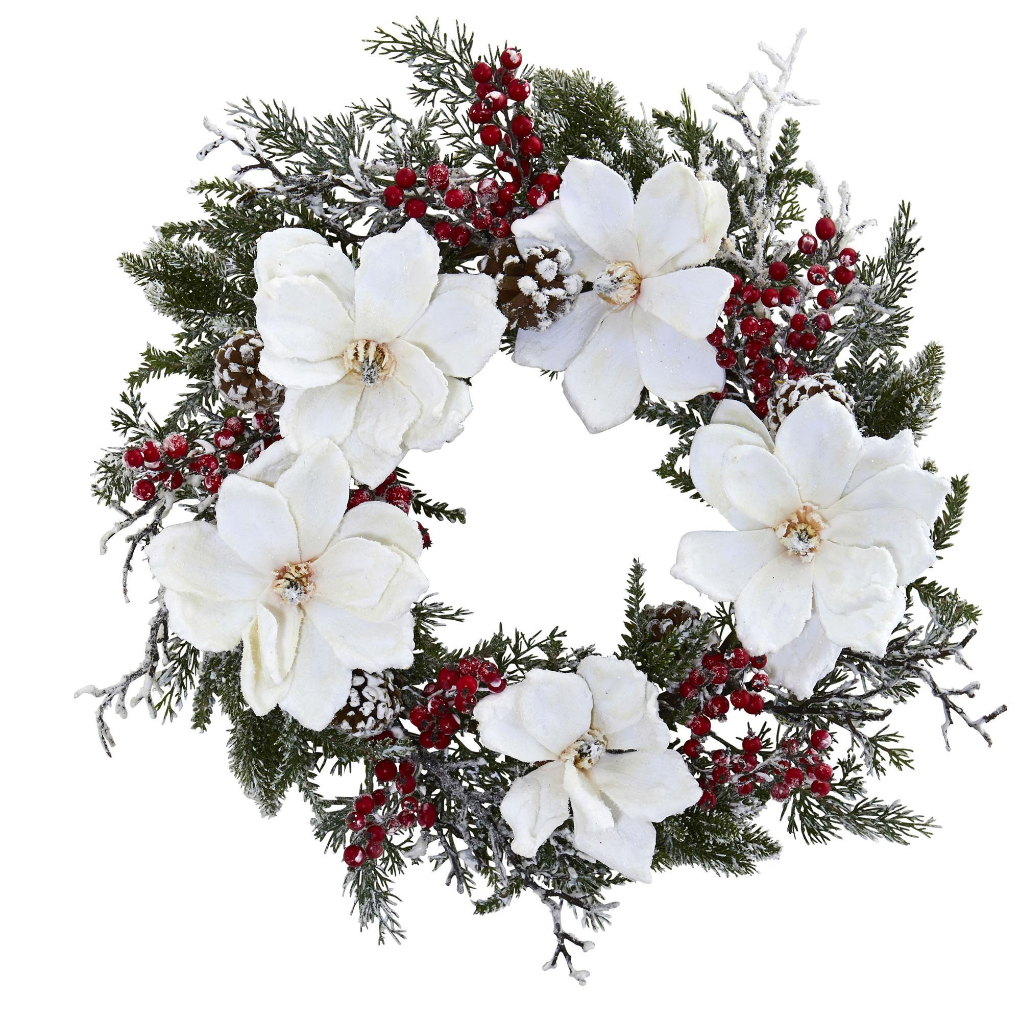 22" Snowed Magnolia & Berry Wreath | SilkBlume
