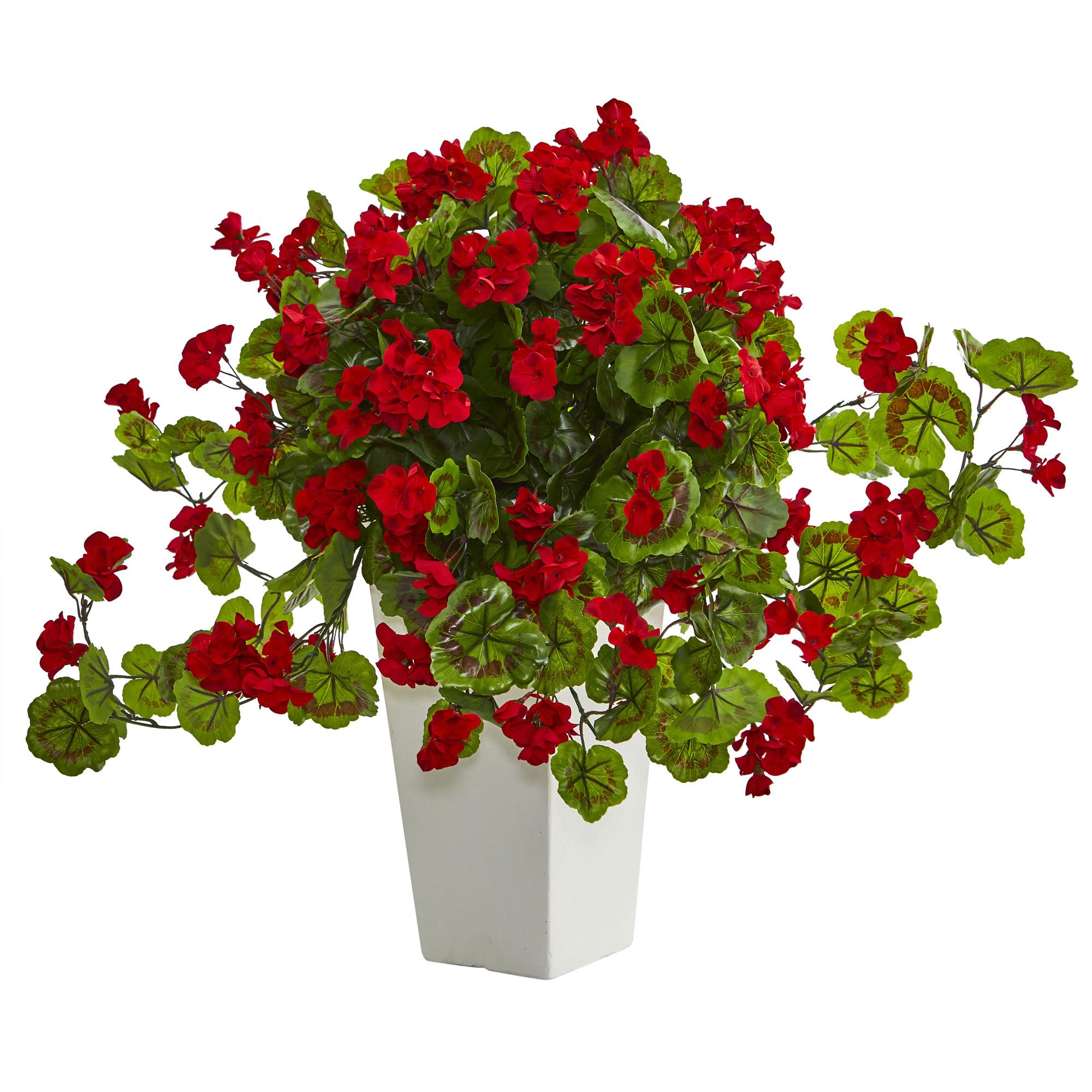 Vibrant 27" Geranium Plant in White Tower Planter | SilkBlume
